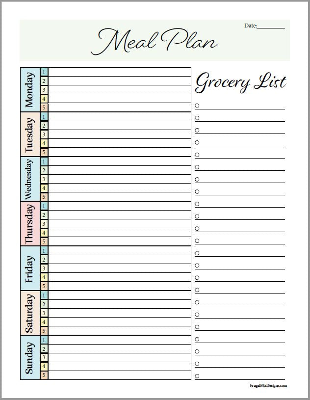 Meal Plan and Grocery List Blank PDF – Frugal Fitz Designs